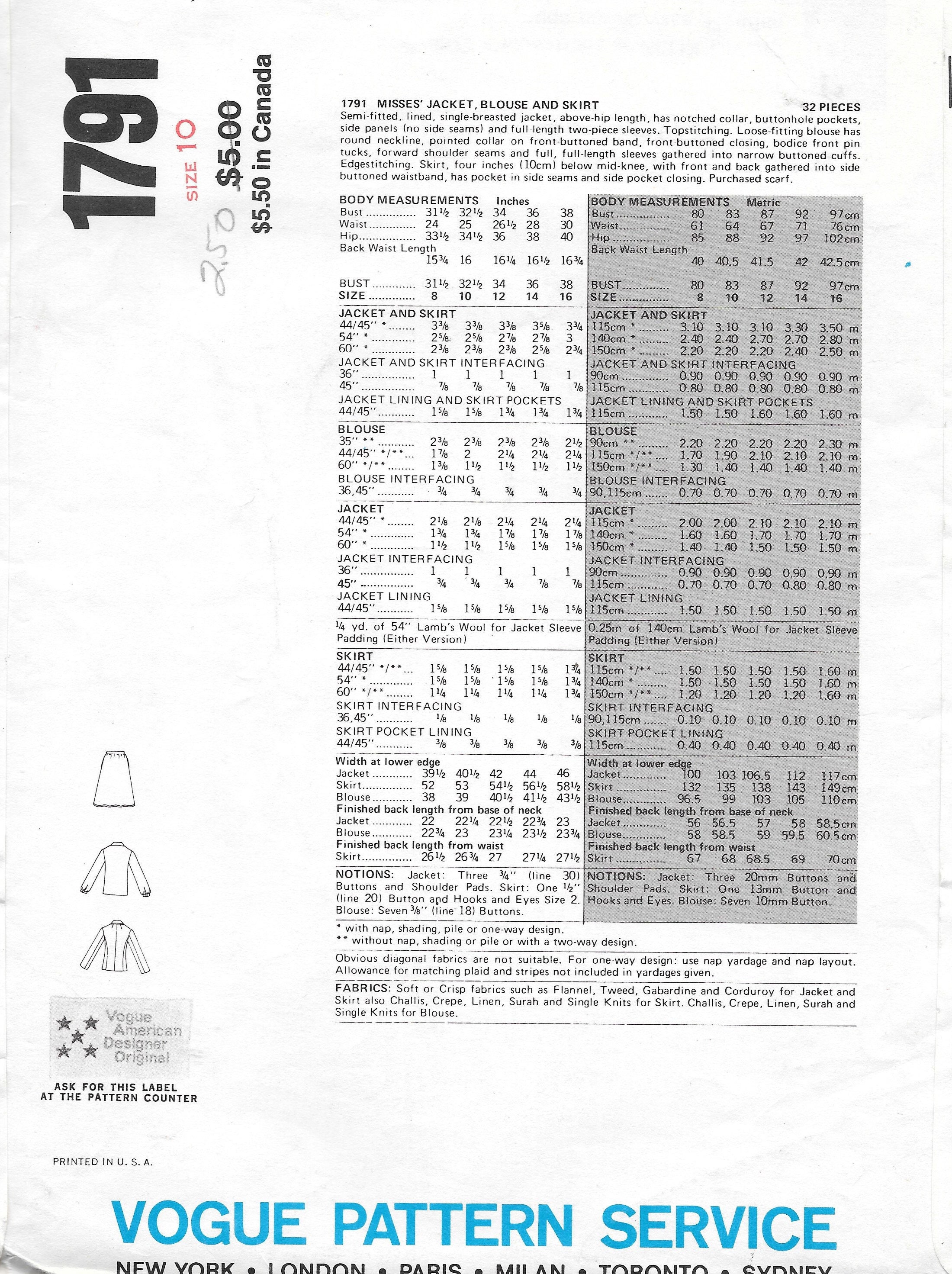 Vintage 1970s Vogue American Designer Pattern 1791- Calvin Klein Misses ...