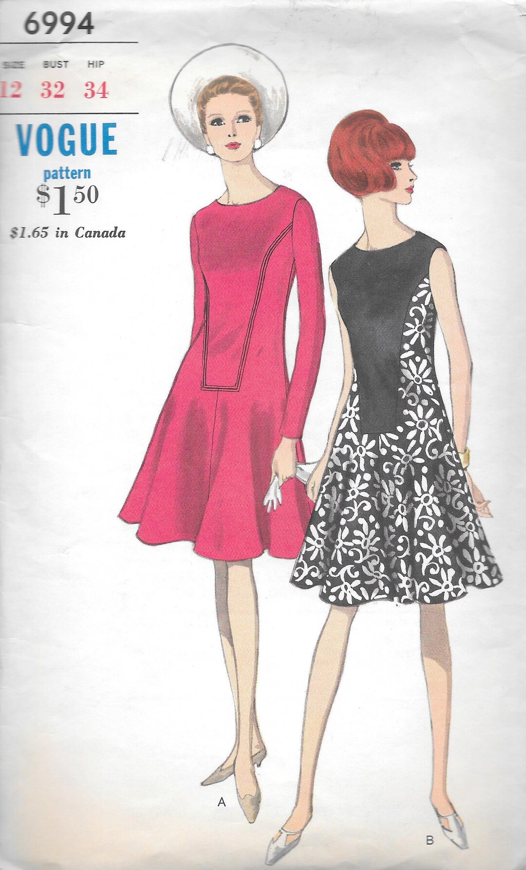 Vintage 1960s Vogue Sewing Pattern 6994- Misses' One-piece Dress Size ...