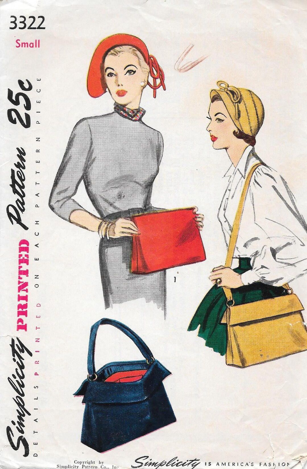 Vintage 1950s Simplicity Sewing Pattern 3322- Misses Hat and Bag Size ...