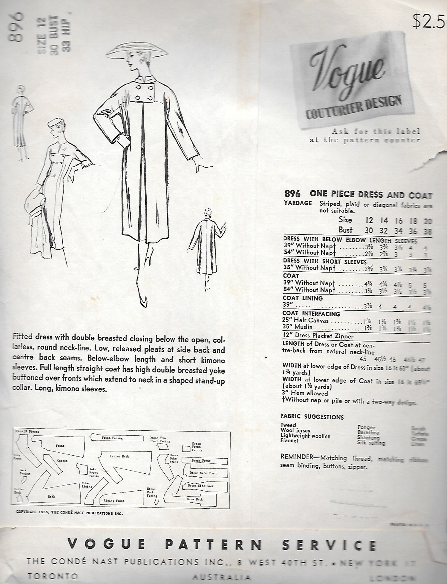Vintage 1950s Vogue Couturier Design Pattern 896 - Misses' One Piece ...