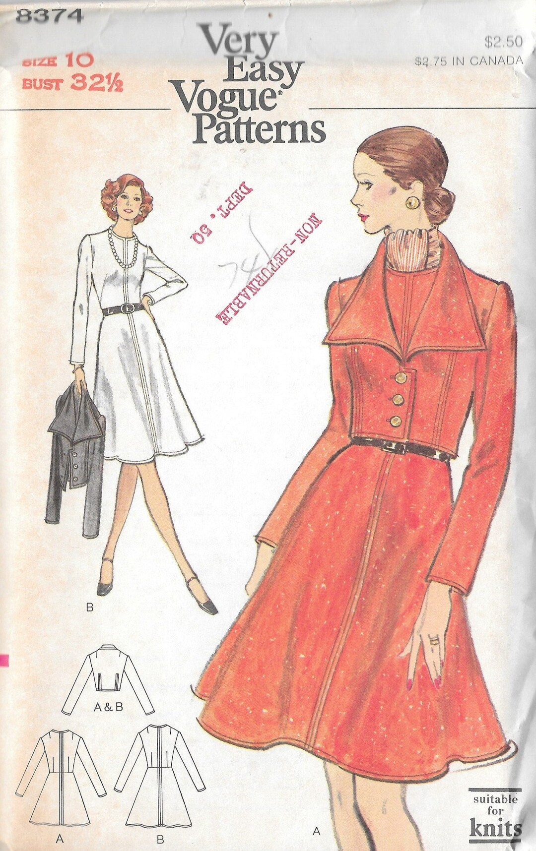 Vintage 1970s Vogue Sewing Pattern 8374 - Misses' Dress and Jacket Size ...