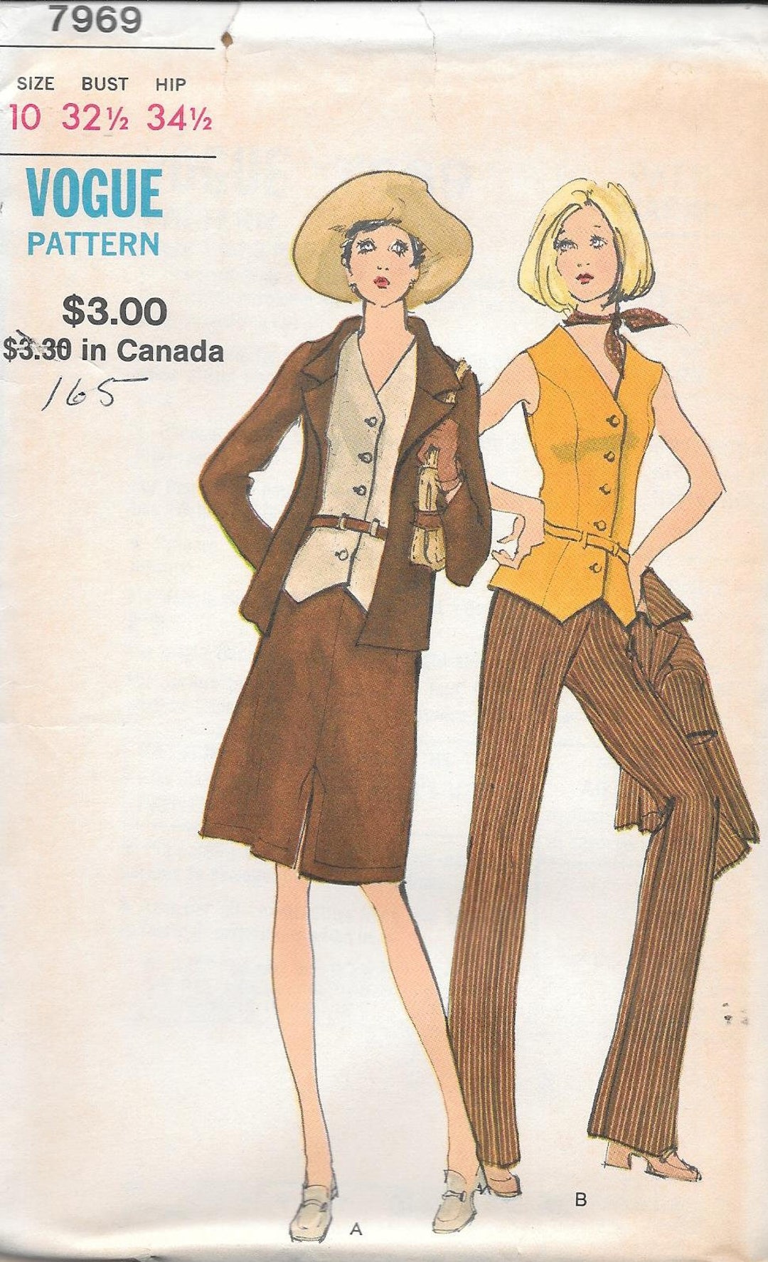 Vintage 1970s Vogue Sewing Pattern 7969 - Misses' Suit and Vest Size 10 ...