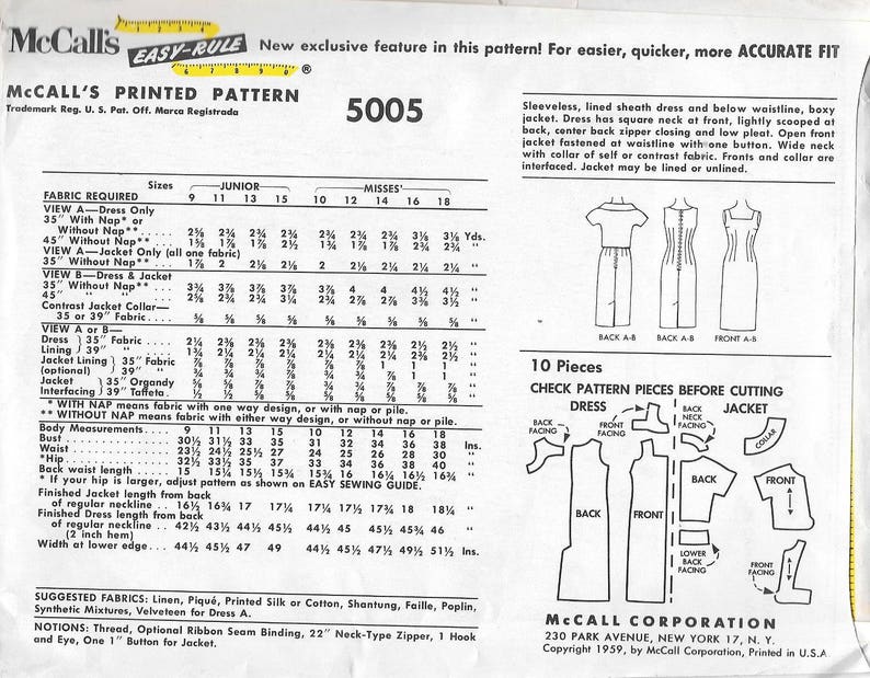 Vintage 1950s Mccall's Sewing Pattern 5005- Misses' Dress and Jacket ...