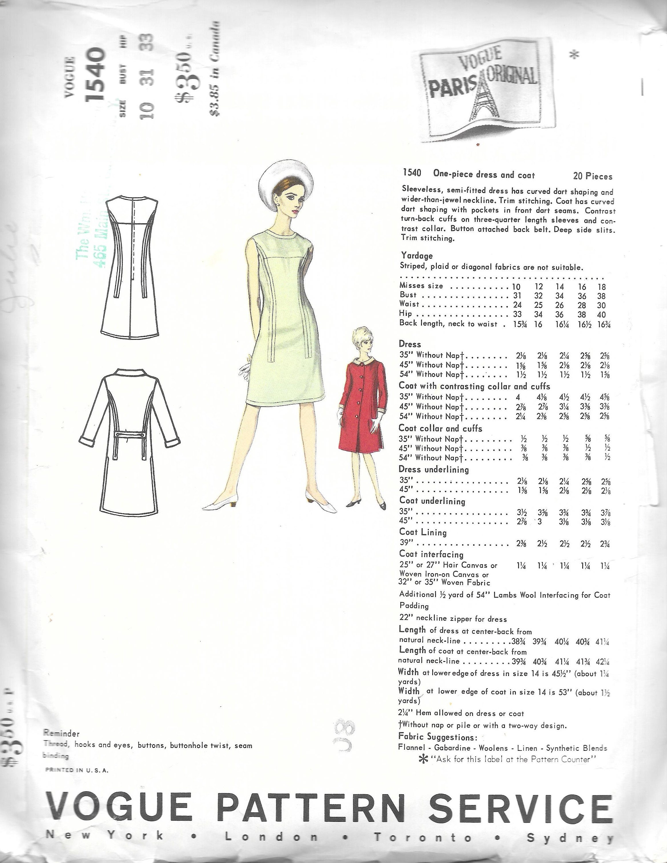 Vintage 1960s Vogue Paris Original Pattern 1540- Jacques Heim Misses ...