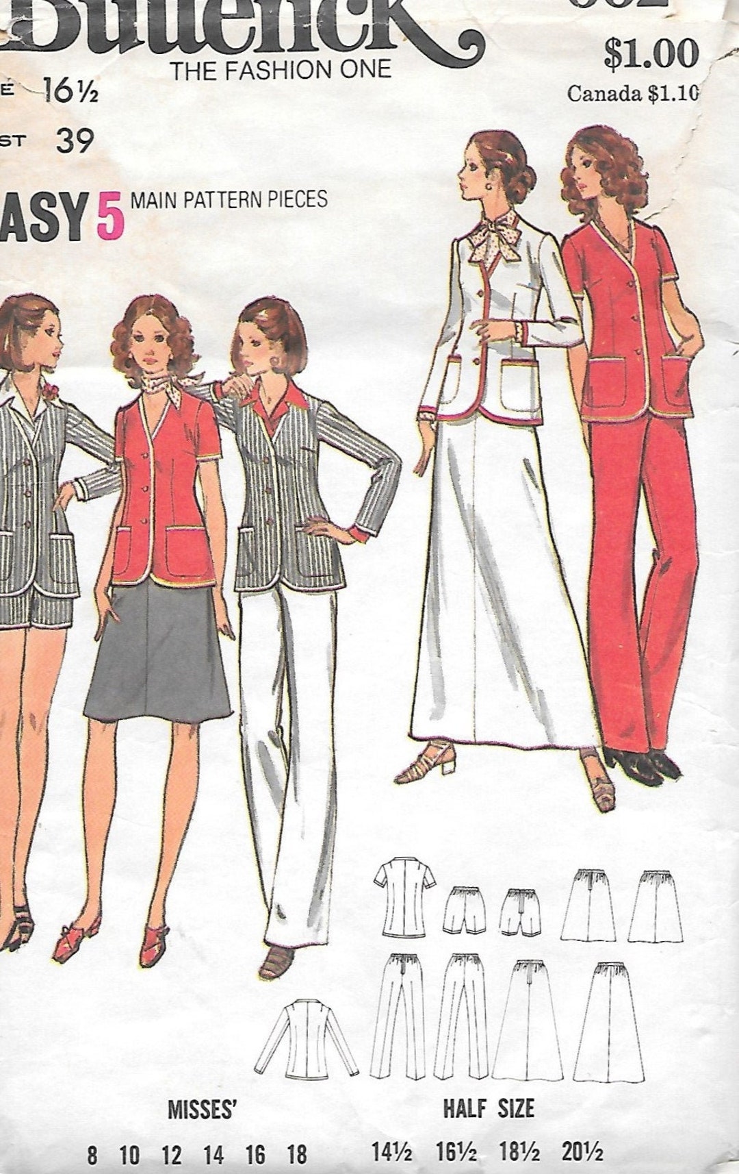 Vintage 1970s Butterick Sewing Pattern 6621- Misses' Jacket, Pants ...