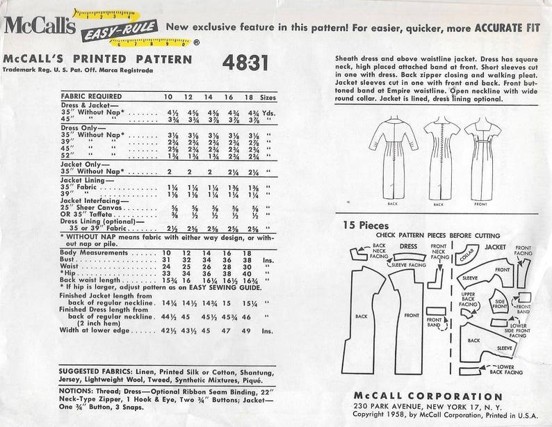 Vintage 1950s Mccall's Sewing Pattern 4831 Misses' Sheath Dress and ...
