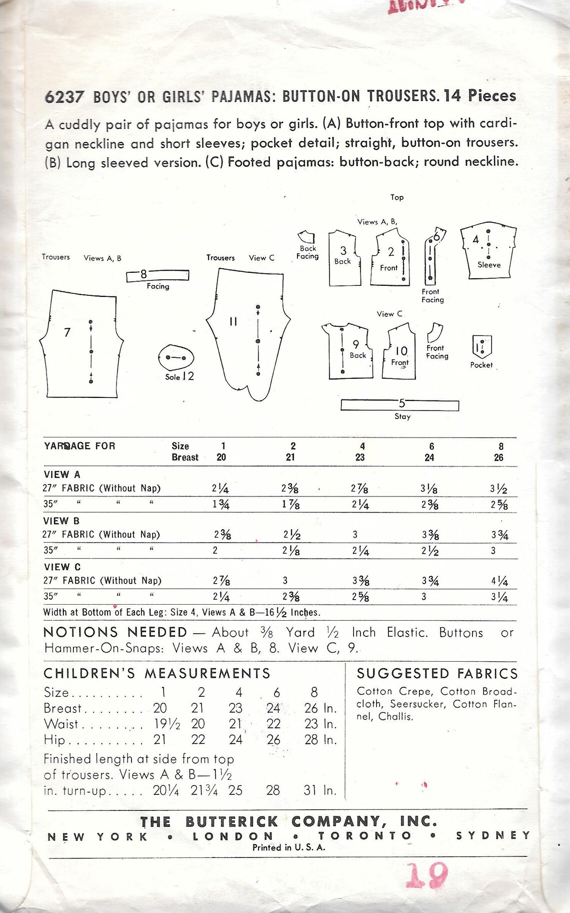 Vintage 1950s Butterick Sewing Pattern 6237 - Boys' or Girls' Pajamas ...