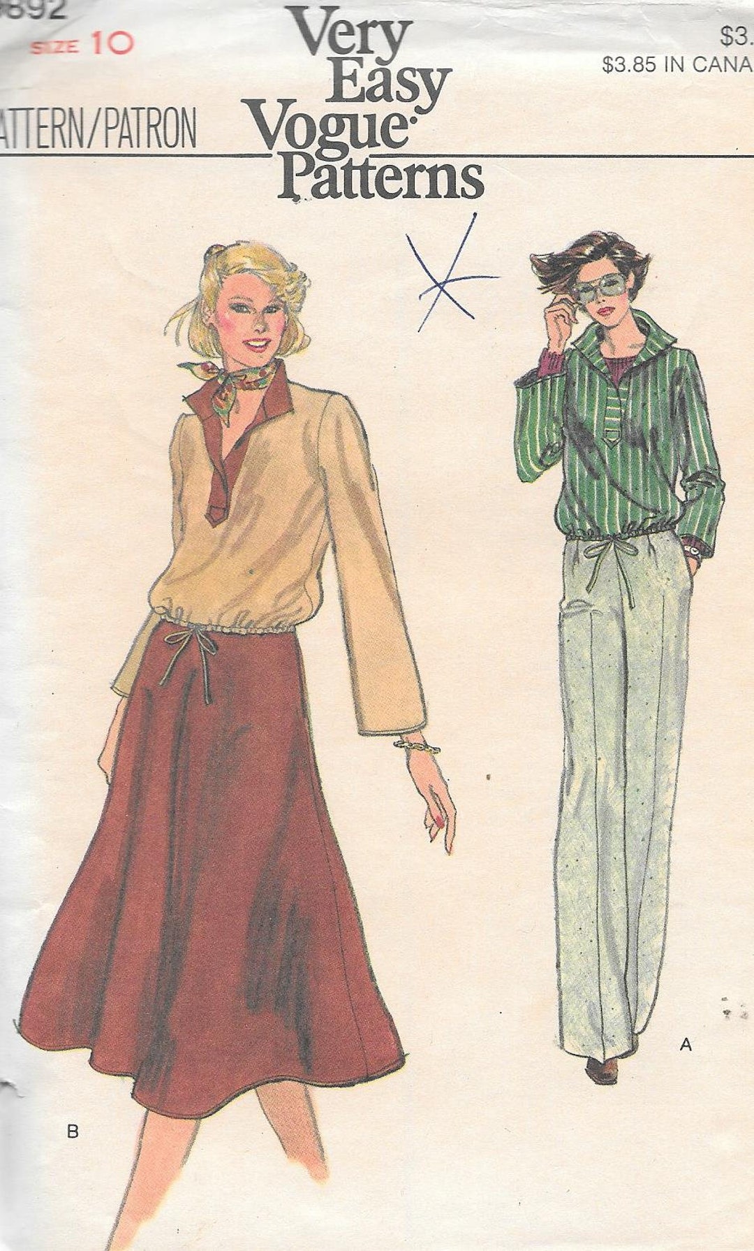 Vintage 1970s Vogue Sewing Pattern 9892 - Misses' Top, Skirt and Pants ...
