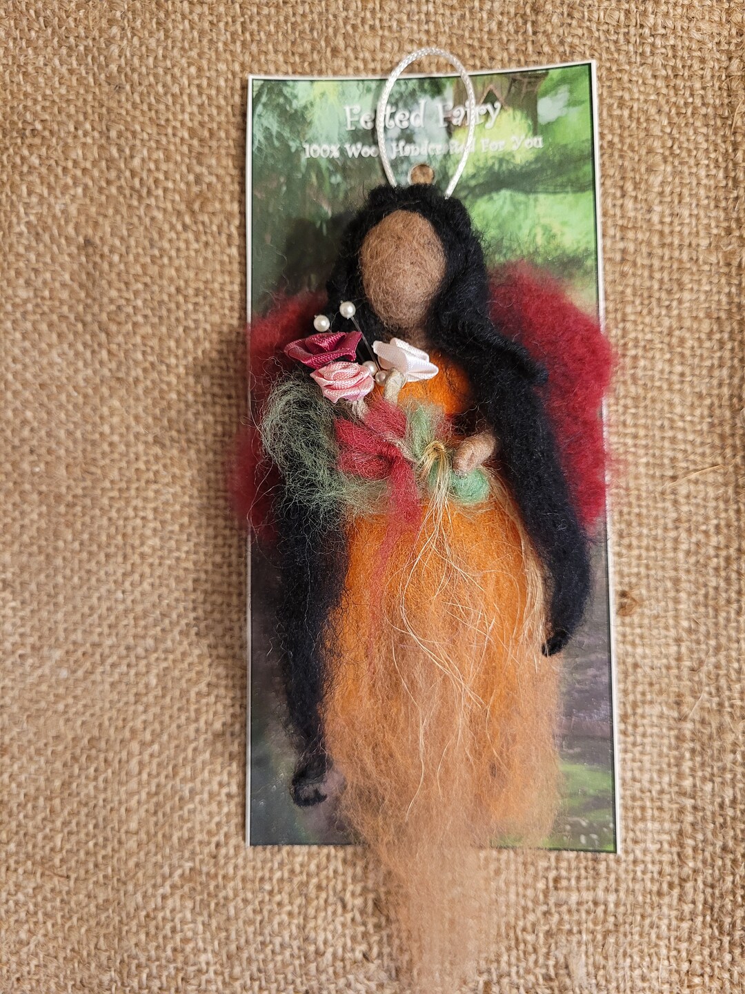 Princess Fire Fairy, Black Hair, Long Curly Hair, Felted Wool, Handmade ...