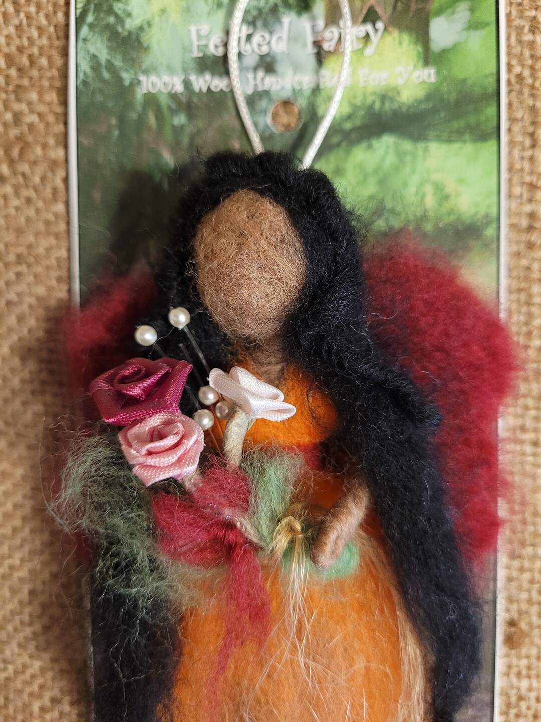 Princess Fire Fairy, Black Hair, Long Curly Hair, Felted Wool, Handmade ...