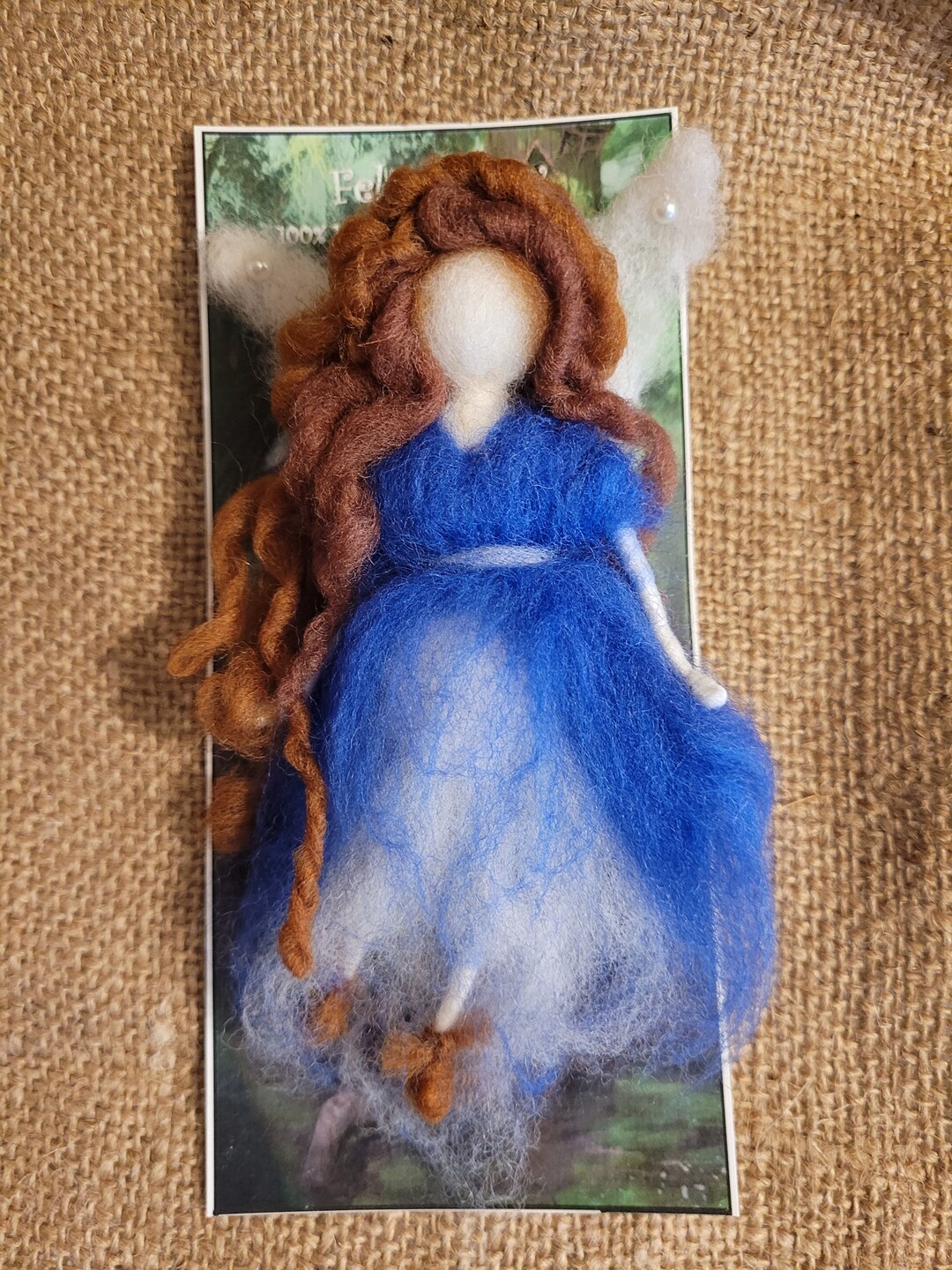 Storybook Fairy, Felted Fairy, Brown Curly Long Hair, Azure Blue Gown ...