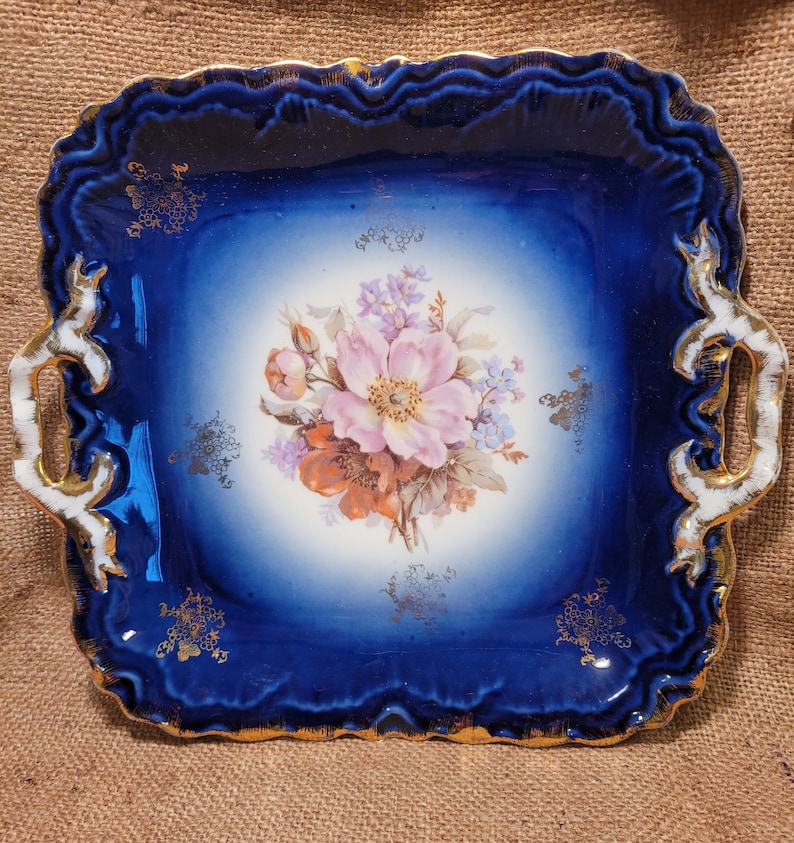 Antique Bavaria China, Cobalt Blue, Hand Painted, Square Shape, Gold ...