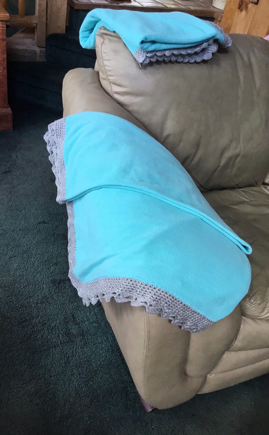 Fleece Blanket With Crochet Border/ Turquoise Blue Throw/baby Blanket ...