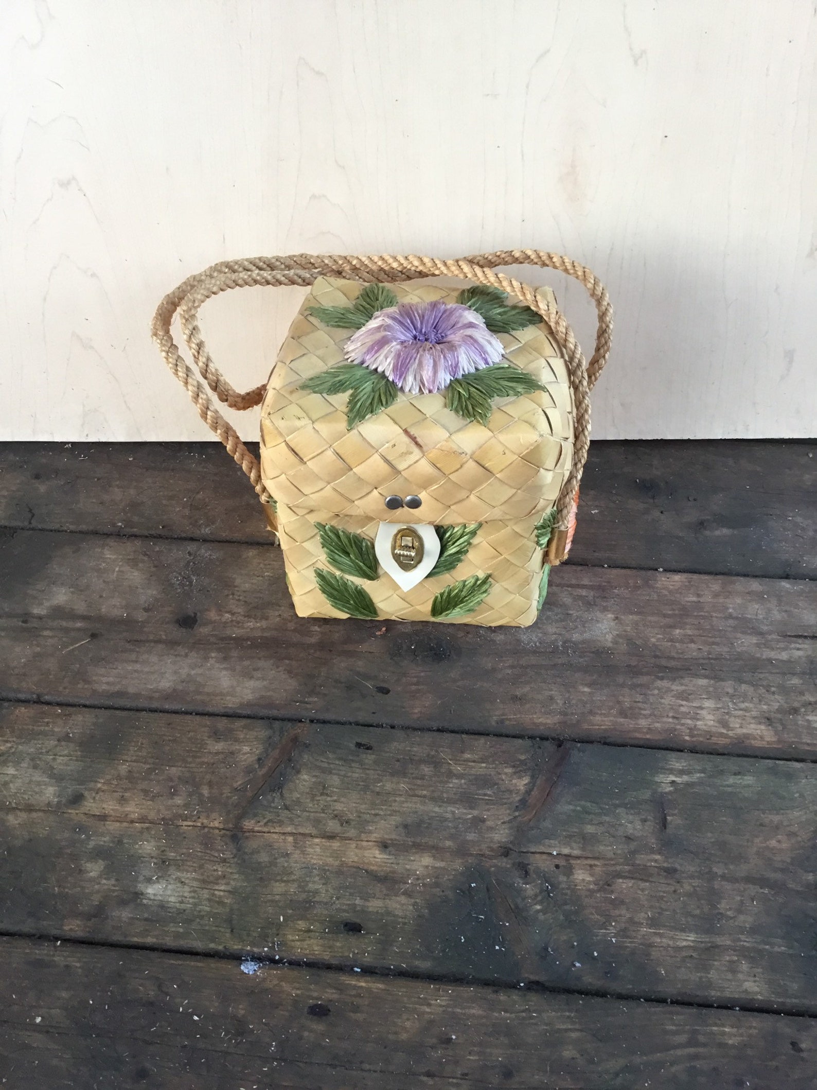 Vintage/handmade/woven Wood Wicker Cane Bag/bright Raffia - Etsy