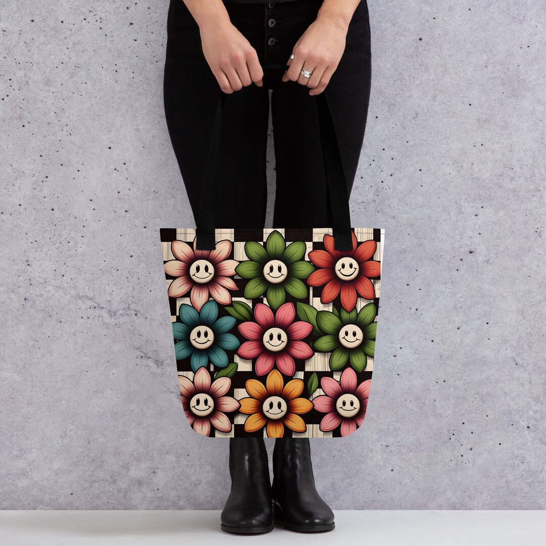 Smiley Face Tote Bag, Cute Tote, Smiley Face Print, Reusable Bag, Back ...