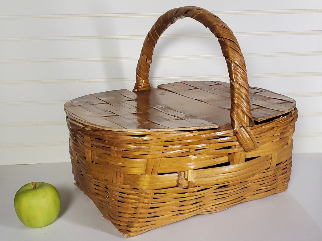 Large Market Basket, Split Reed Basket, Handle & Hinged Double Lid ...