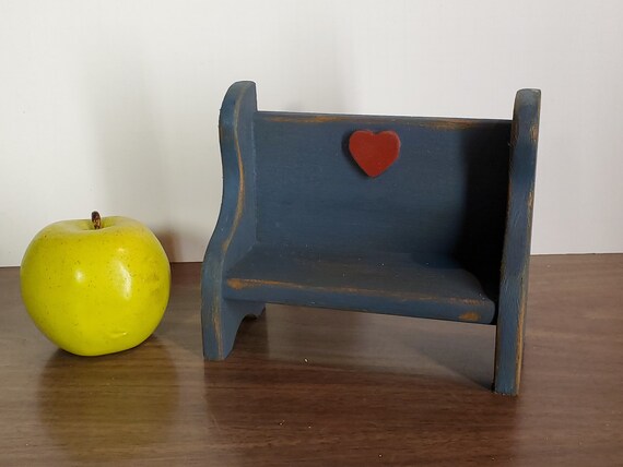 Mini Wooden Folk Art Bench With Heart Painted Blue and Red - Etsy