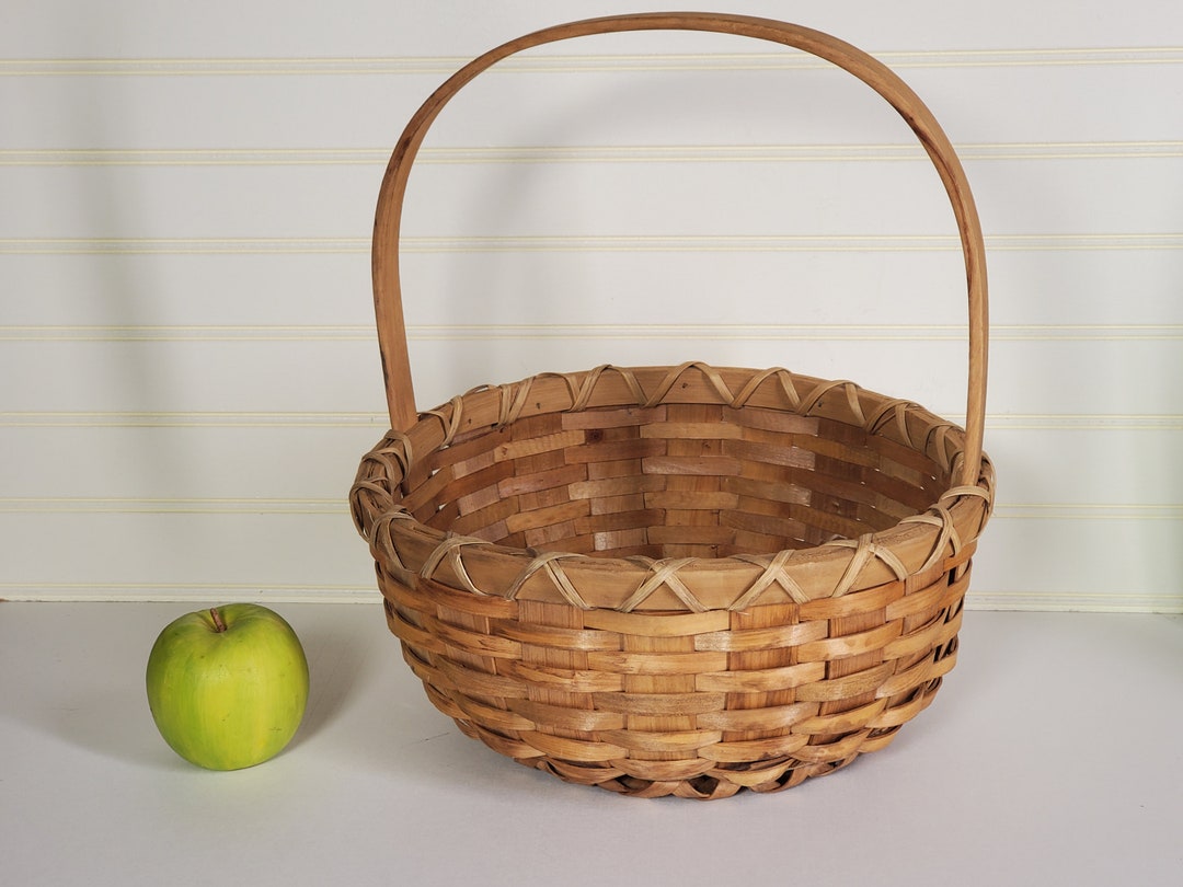 Vintage Split-wood Round Basket, Wicker/splitwood Basket W/ Bent-wood ...