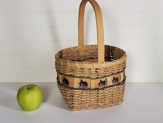 Vintage Rush & Split-wood Basket W/ School House Stencil - Etsy