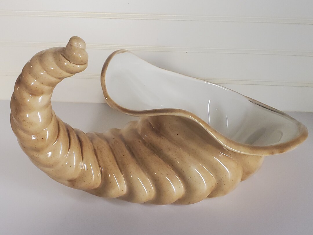 1970's Cornucopia Bowl, Biomorphic Pottery Dish, White W/ Brown Glaze ...