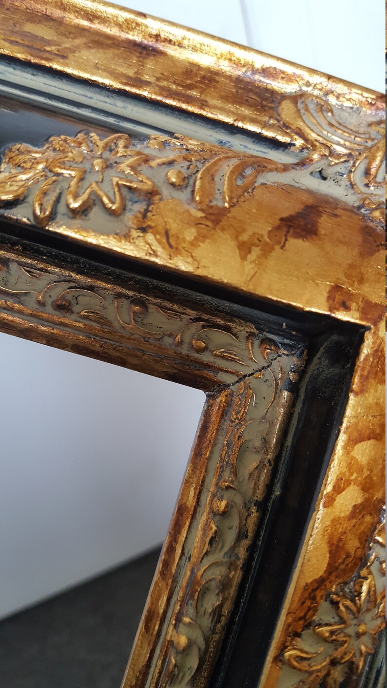 Vintage Distressed Black and Gold Leaf 3'' Wide Wooden Ornate Picture ...