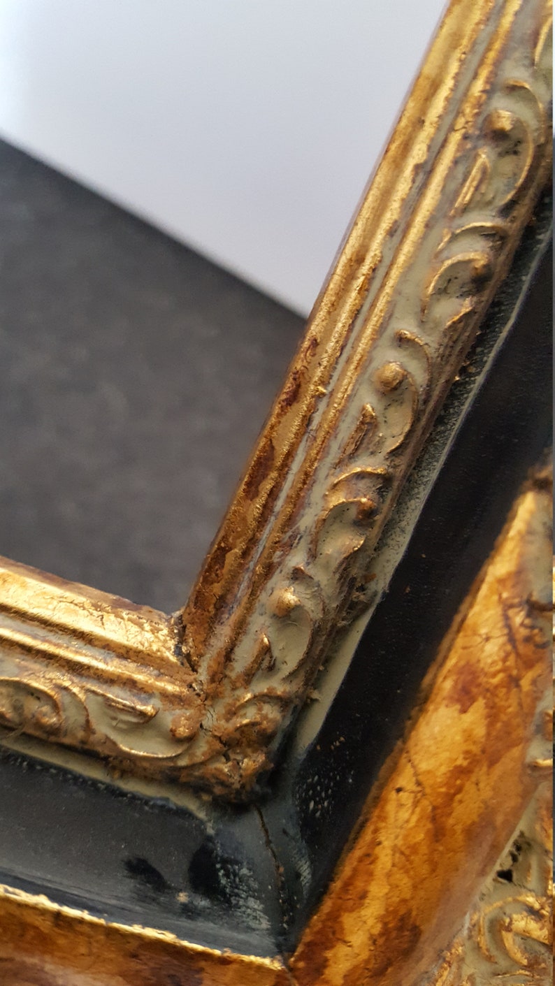 Vintage Distressed Black and Gold Leaf 3'' Wide Wooden Ornate Picture ...