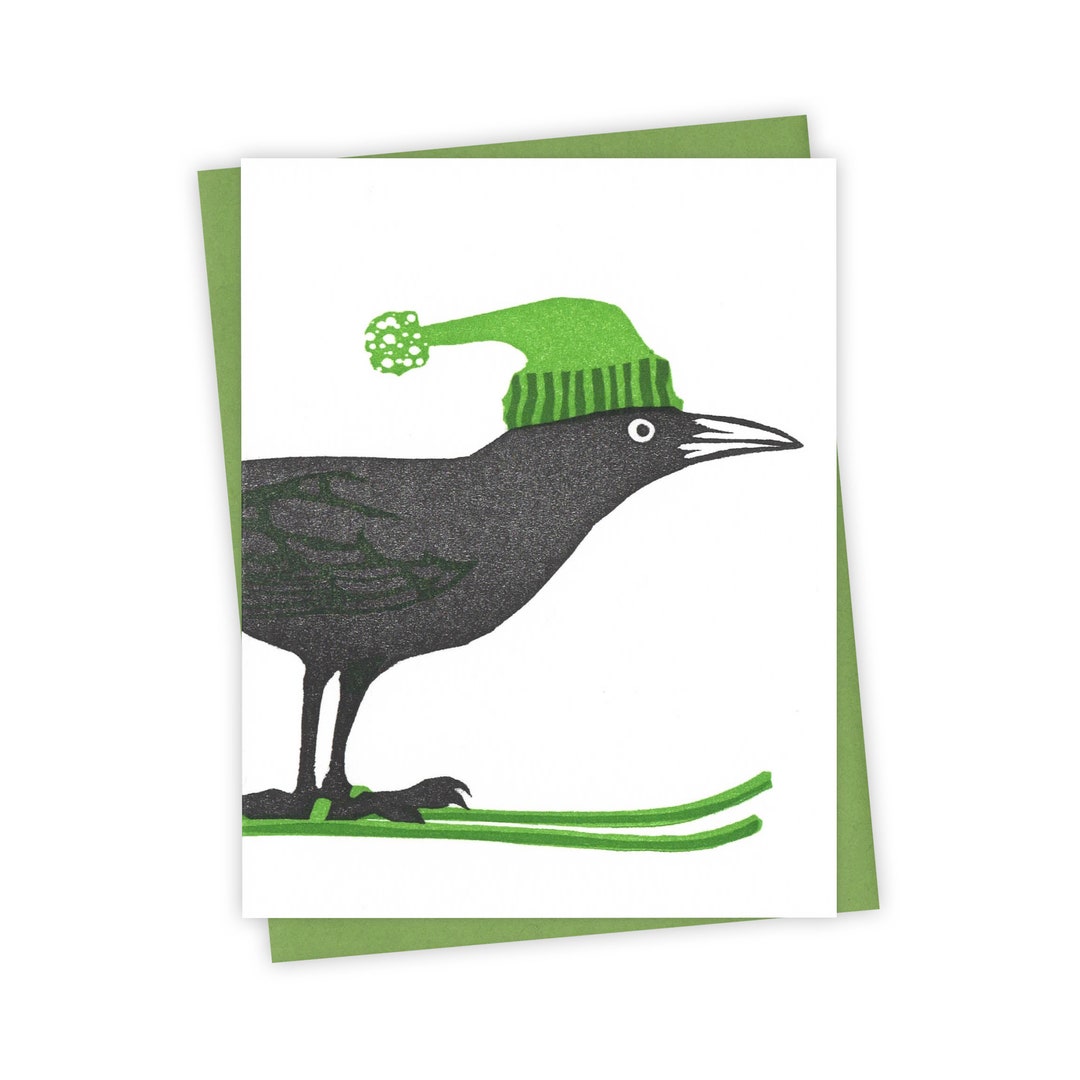 Bunny Slope Grackle Card – Winter Letterpress Card With Bird on Skis ...
