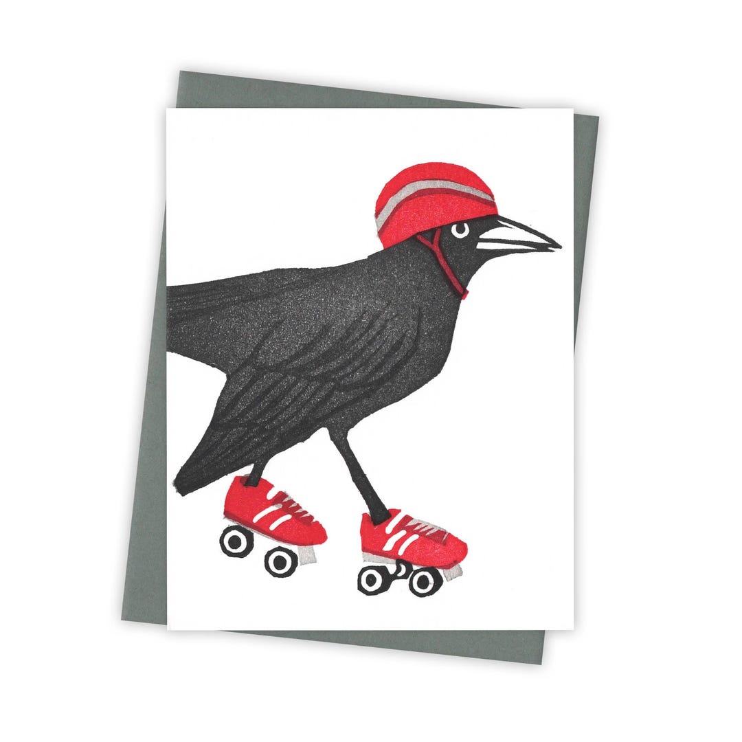 Roller Derby Grackle Card – Letterpress Greeting Card With Bird in Red ...