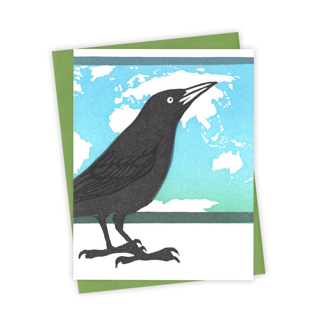 Geographic Grackle Card – Letterpress Greeting Card With Bird and World ...