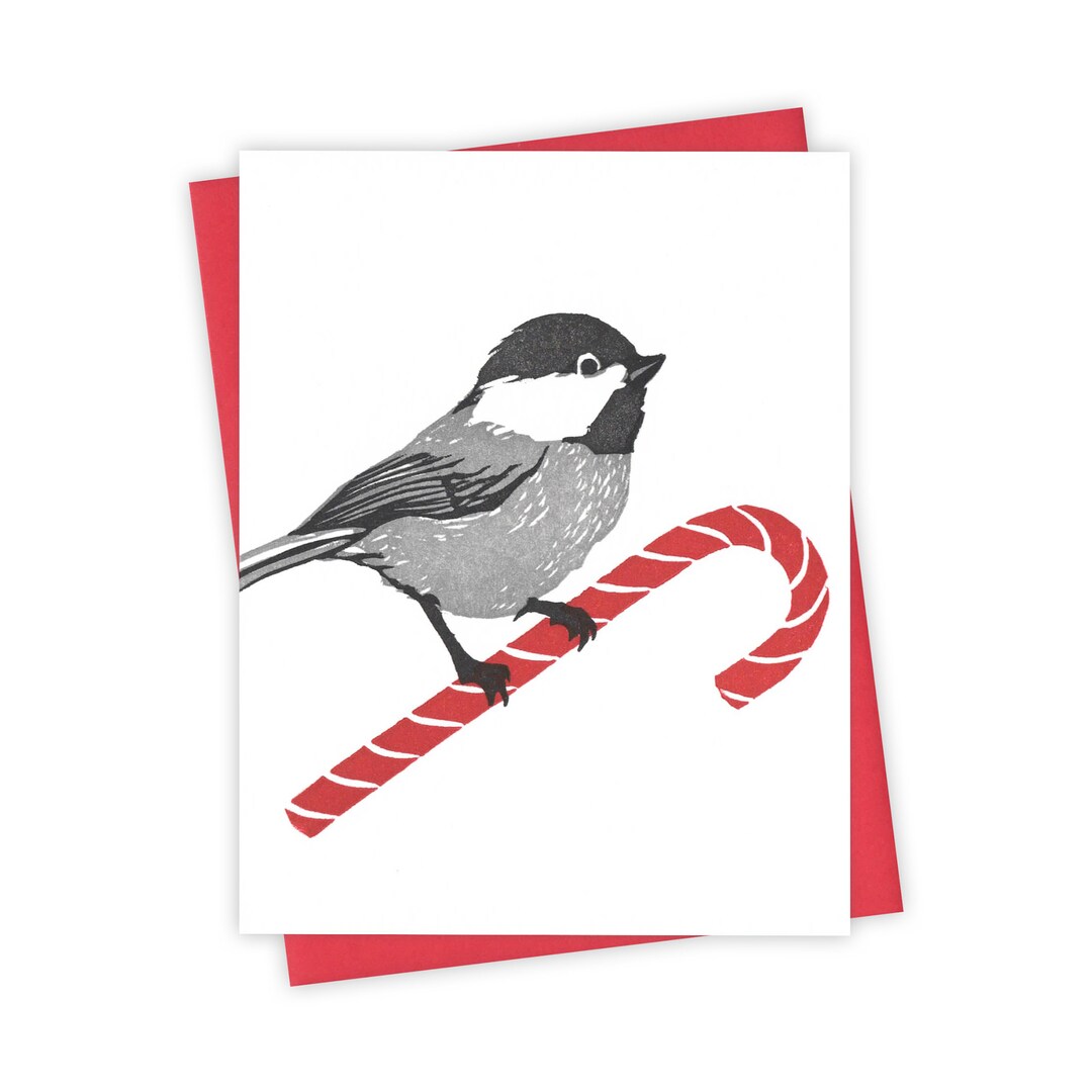 Candy Cane Chickadee Card – Letterpress Greeting Card With Songbird and ...