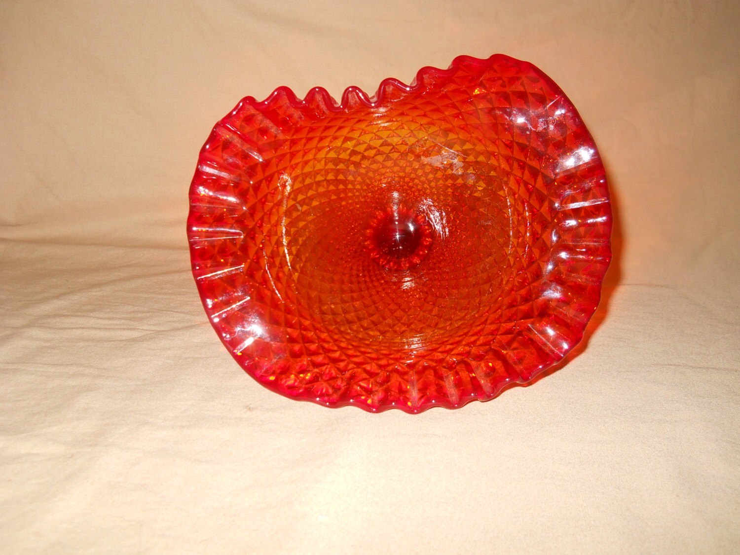 Etched Glass Compote/glass Compote/fluted Compote/fluted Candy Dish/red ...