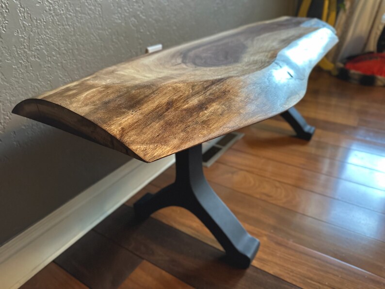 Walnut Live-edge Bench/coffee Table With Adjustable Powder-coated Metal ...
