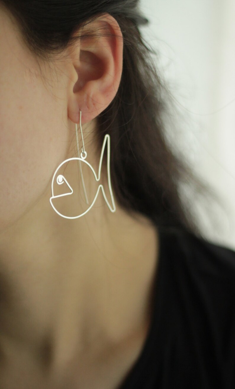 Dangle Earrings-Silver Wire Fish Dangles-Silver Sea | Etsy