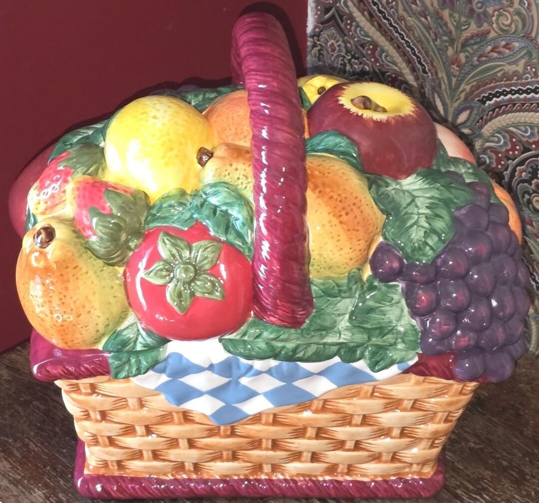 Vintage Retro Rare Fall Harvest Fruit Picnic Basket Cookie Jar FREE ...