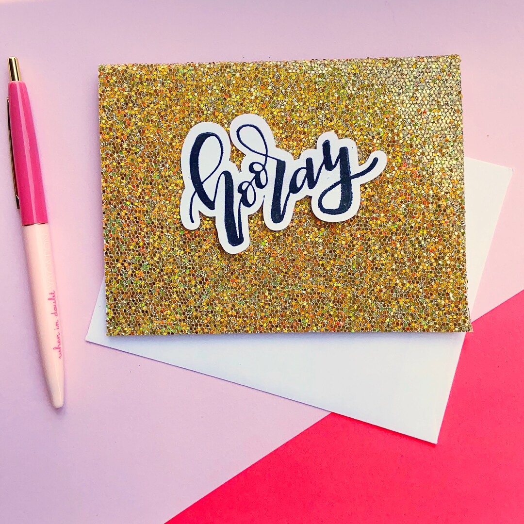 Congratulations Card - Hooray Card, Gold Glitter Card, Throw Glitter ...