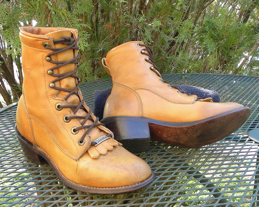 Vintage USA TONY LAMA Leather Packer Western Boots Saddle Tan Lace up ...