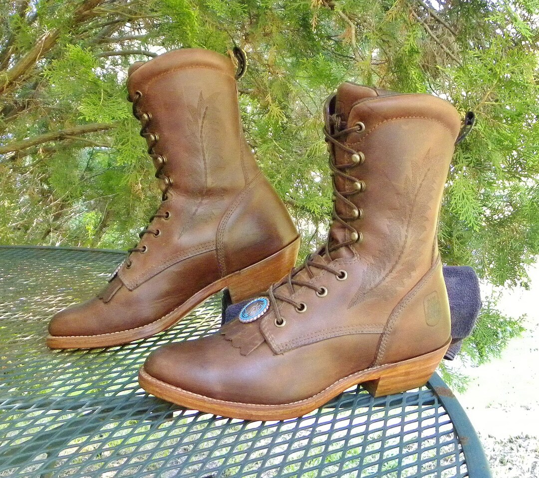 Vintage DAN POST Western PACKER Boots Brown Lace up Kiltie Conchos ...