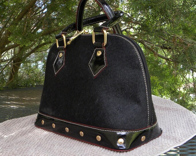 Arcadia Italy Leather Calf Hair Patent Leather Handbagsilver Dots Twin ...