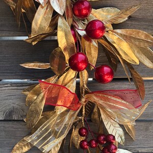 Christmas Garland Holiday Door Decor Red Gold Garland Gold Bay Leaf ...