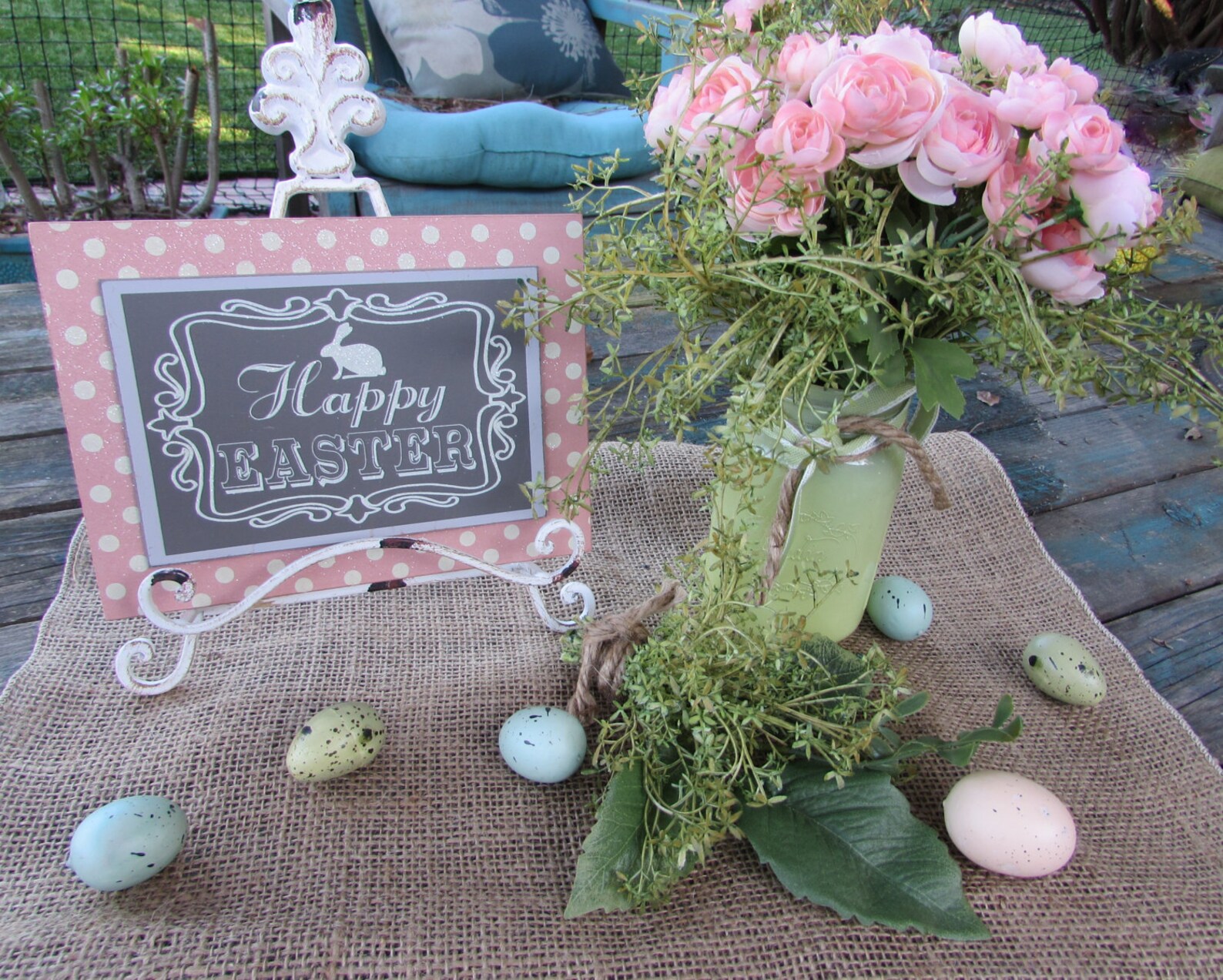 Happy Easter Table Decor Easter Floral Arrangement Burlap Easter Egg ...