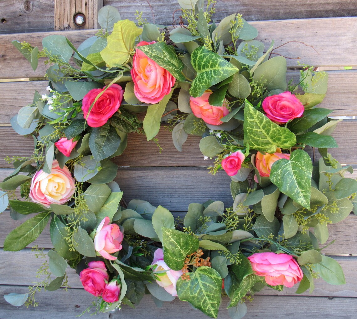 Spring Rose Wreath Spring Eucalyptus Door Decor Everyday Pink - Etsy
