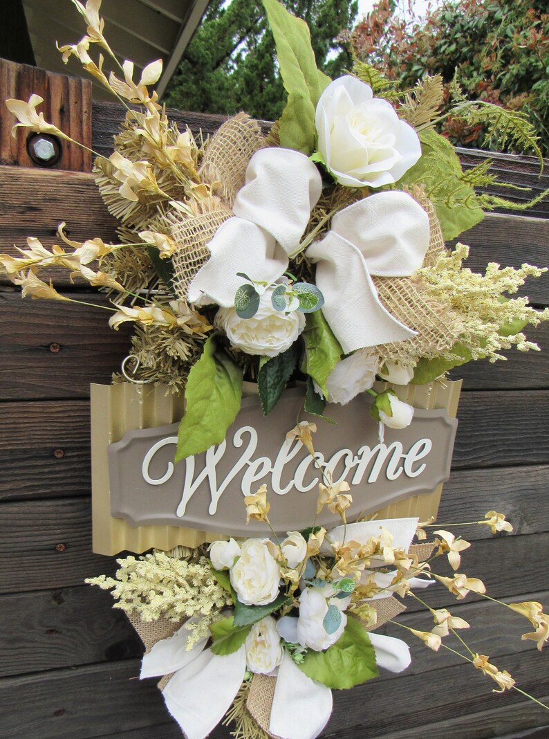 Welcome Wreath Spring Flower Wreath White Rose Floral Swag - Etsy