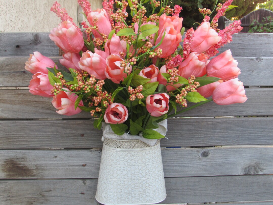 Floral Wall Pocket Tulip Door Decor Tulip Wall Pocket Peach Tulips Tin ...