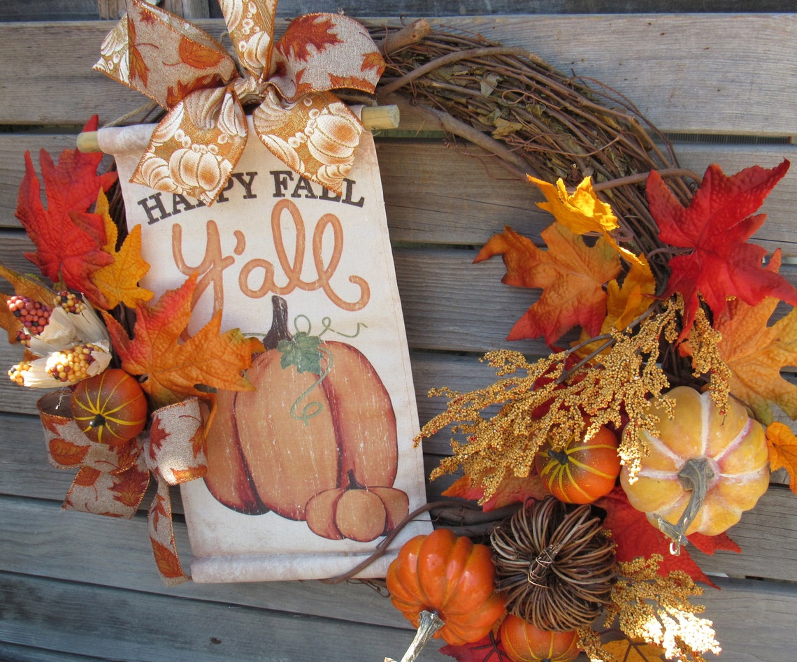 Happy Fall Y'all Wreath Fall Door Decor Pumpkin Grapevine Wreath ...