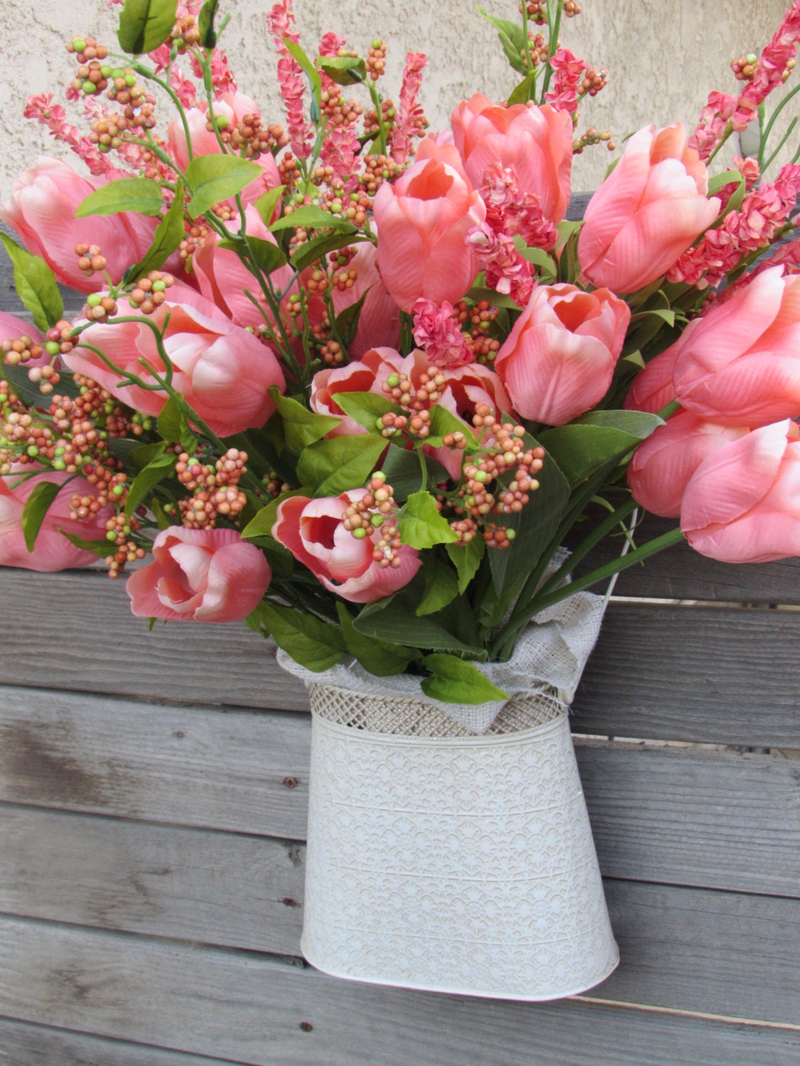 Floral Wall Pocket Tulip Door Decor Tulip Wall Pocket Peach Tulips Tin ...