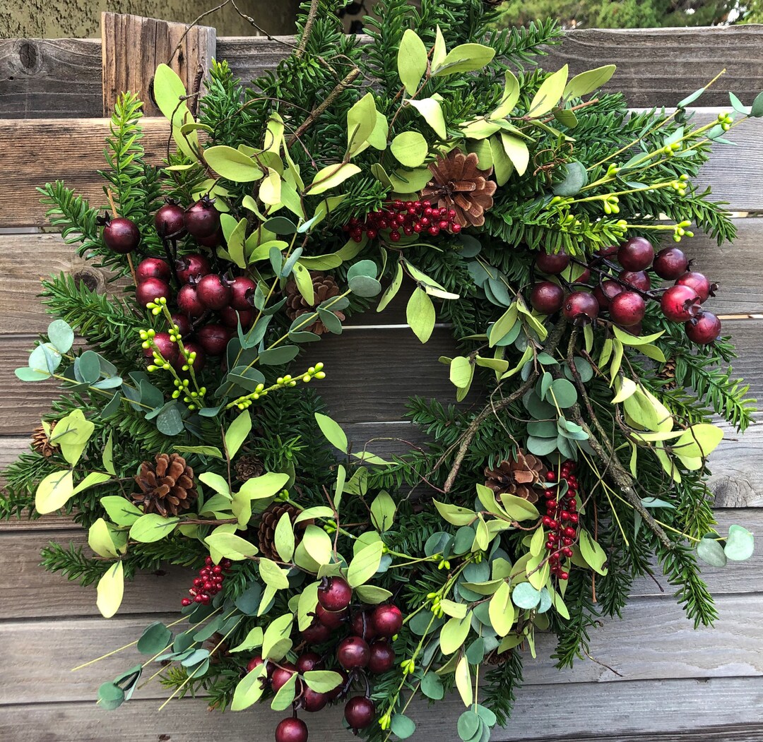 Christmas Wreath Holiday Door Decor Burgundy Berry Wreath Spruce ...
