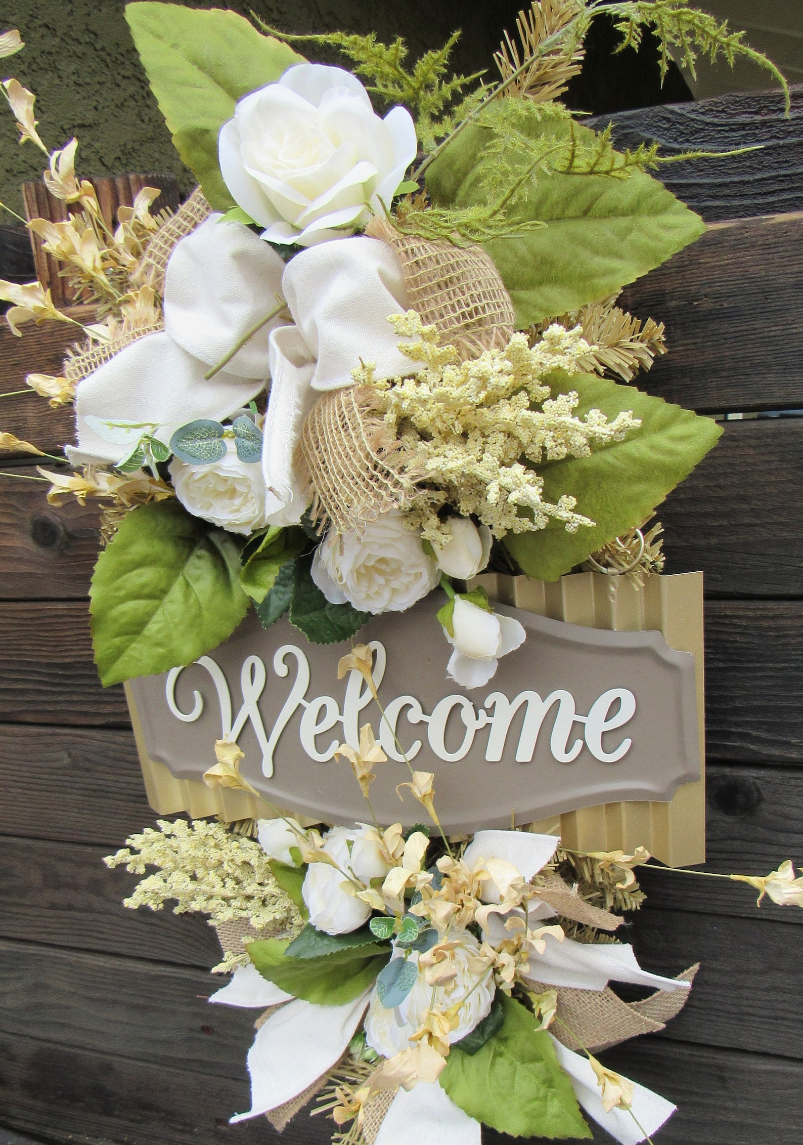 Welcome Wreath Spring Flower Wreath White Rose Floral Swag - Etsy