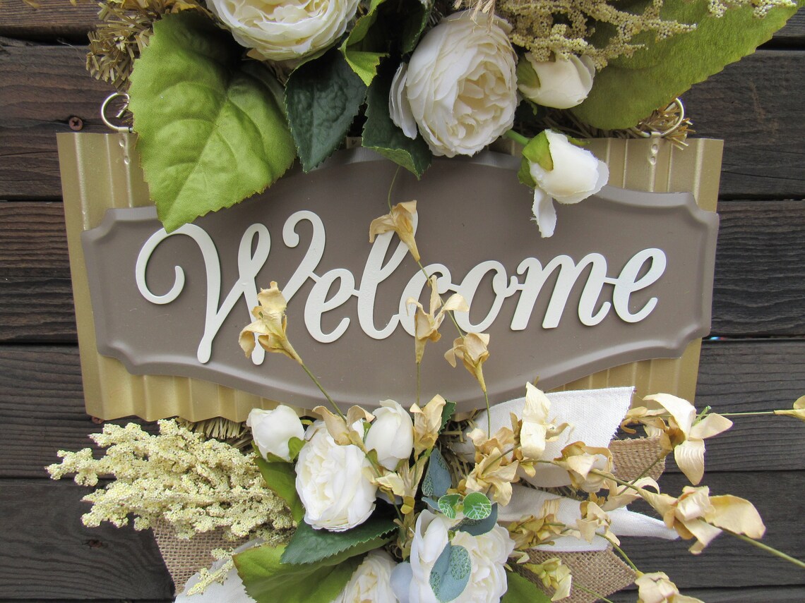 Welcome Wreath Spring Flower Wreath White Rose Floral Swag - Etsy
