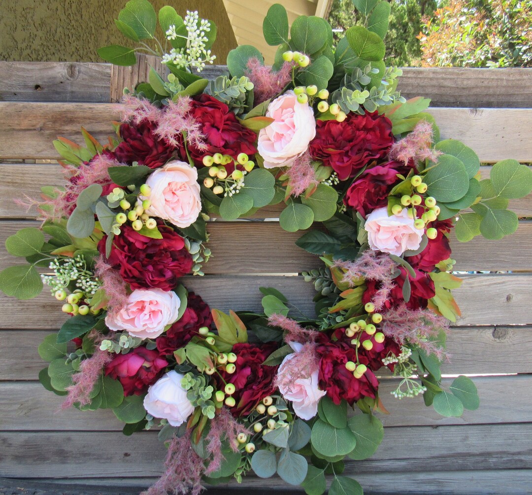 Peony Eucalyptus Wreath Burgundy Pink Peony Door Decor Peony Smoke Bush ...
