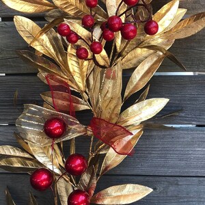 Christmas Garland Holiday Door Decor Red Gold Garland Gold Bay Leaf ...